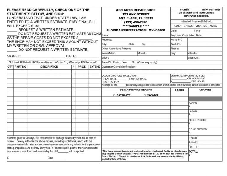 Auto Body Repair Receipt Templates | EmetOnlineBlog