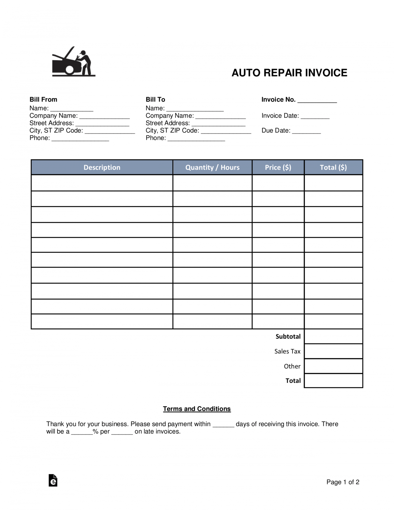 Editable Free Auto Body Mechanic Invoice Template Word Pdf Auto ...