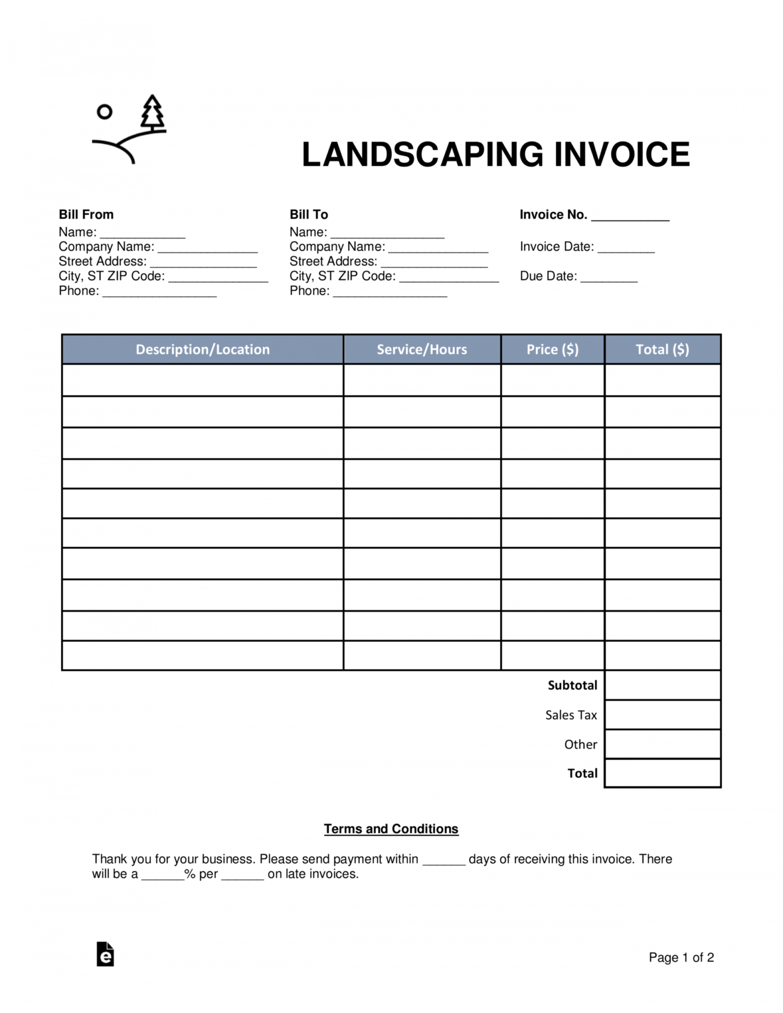 Editable Free Landscaping Invoice Template Word Pdf Eforms Landscaping ...