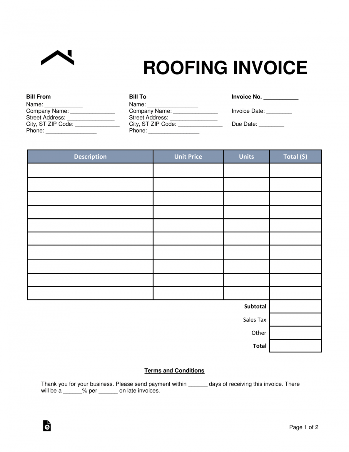Editable Free Roofing Invoice Template Word Pdf Eforms Free Roofing ...