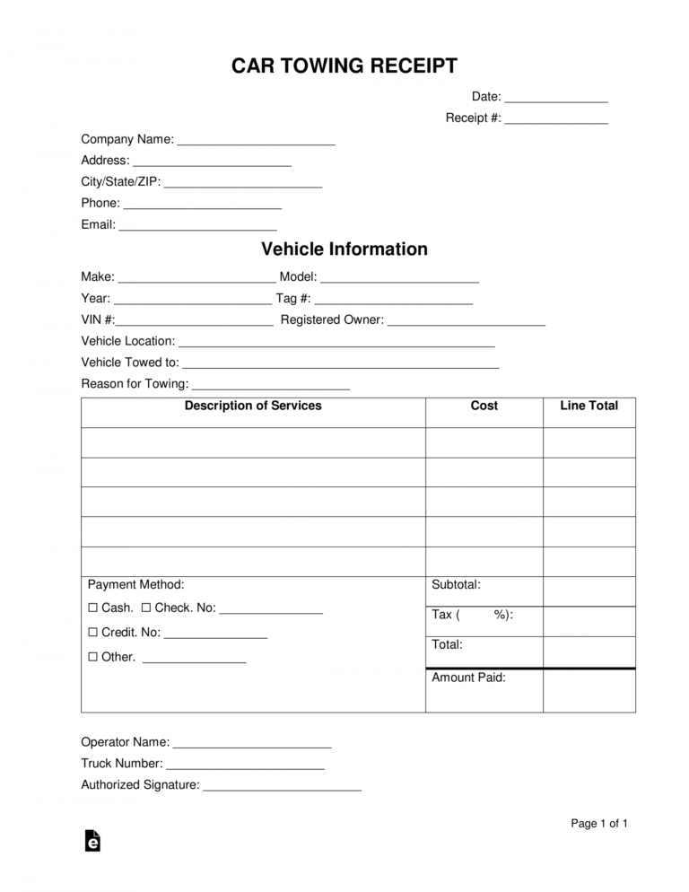 Editable Free Vehicle Towing Receipt Template Word Pdf Eforms Towing ...