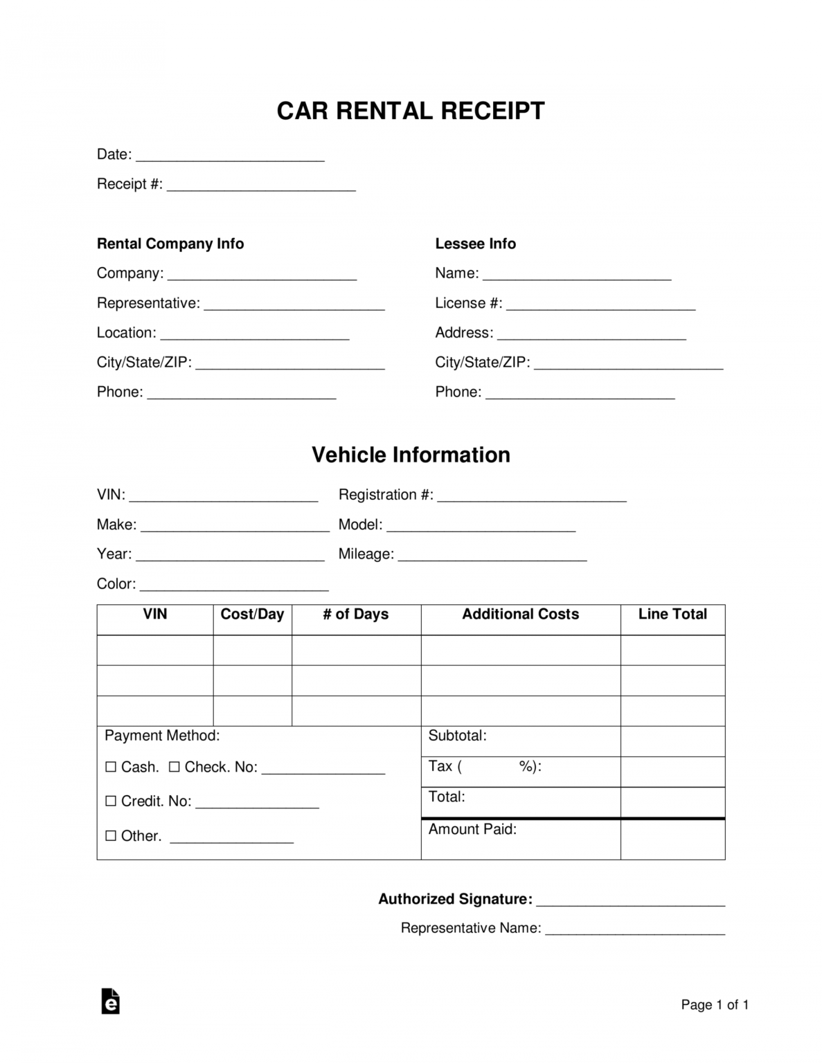Printable Free Car Rental Receipt Template Word Pdf Eforms Rental Car ...