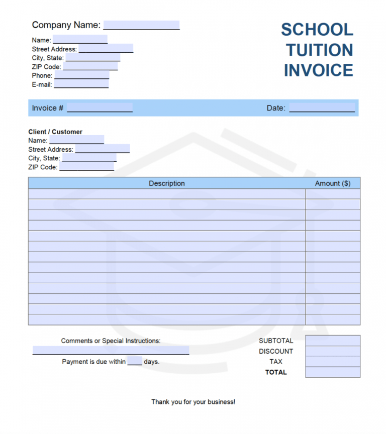 Printable Free School Tuition Invoice Template Pdf Word Excel College ...