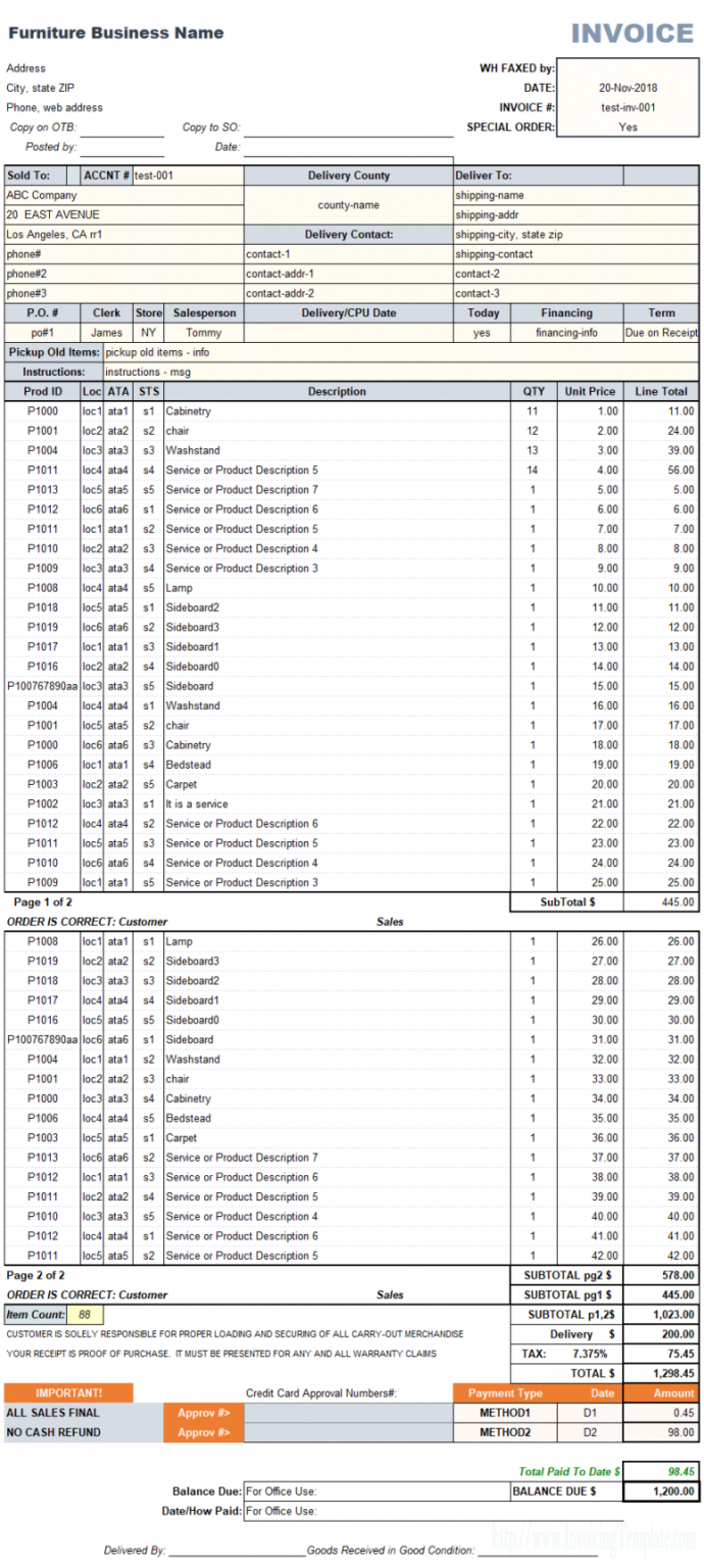 Free Professional Tax Invoice Template For Furniture Furniture Store ...