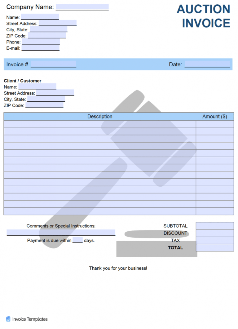 Printable Free Auction Invoice Template Pdf Word Excel Silent Auction ...
