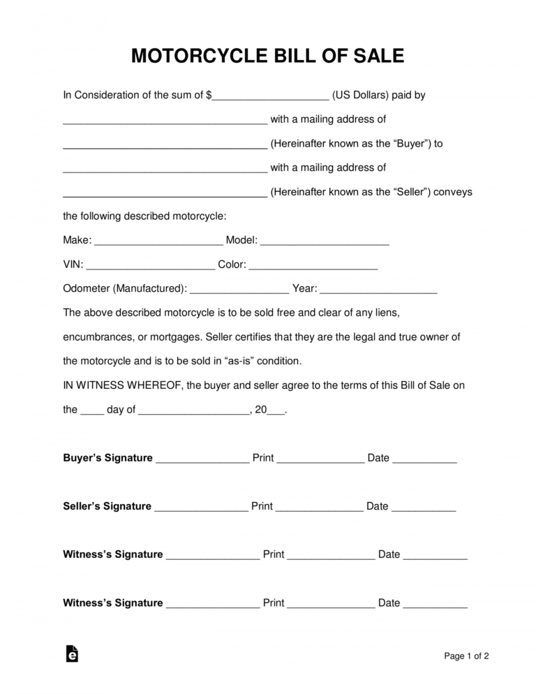 Free Motorcycle Bill Of Sale Form Pdf Word Eforms Motorcycle Sale ...