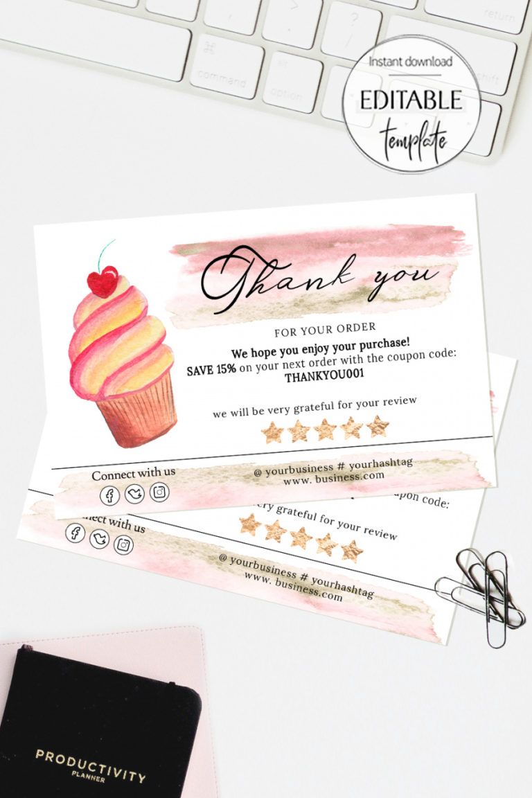 6X4 Cupcake Bakery Business Insert Card Ping Gold Business Thank You ...