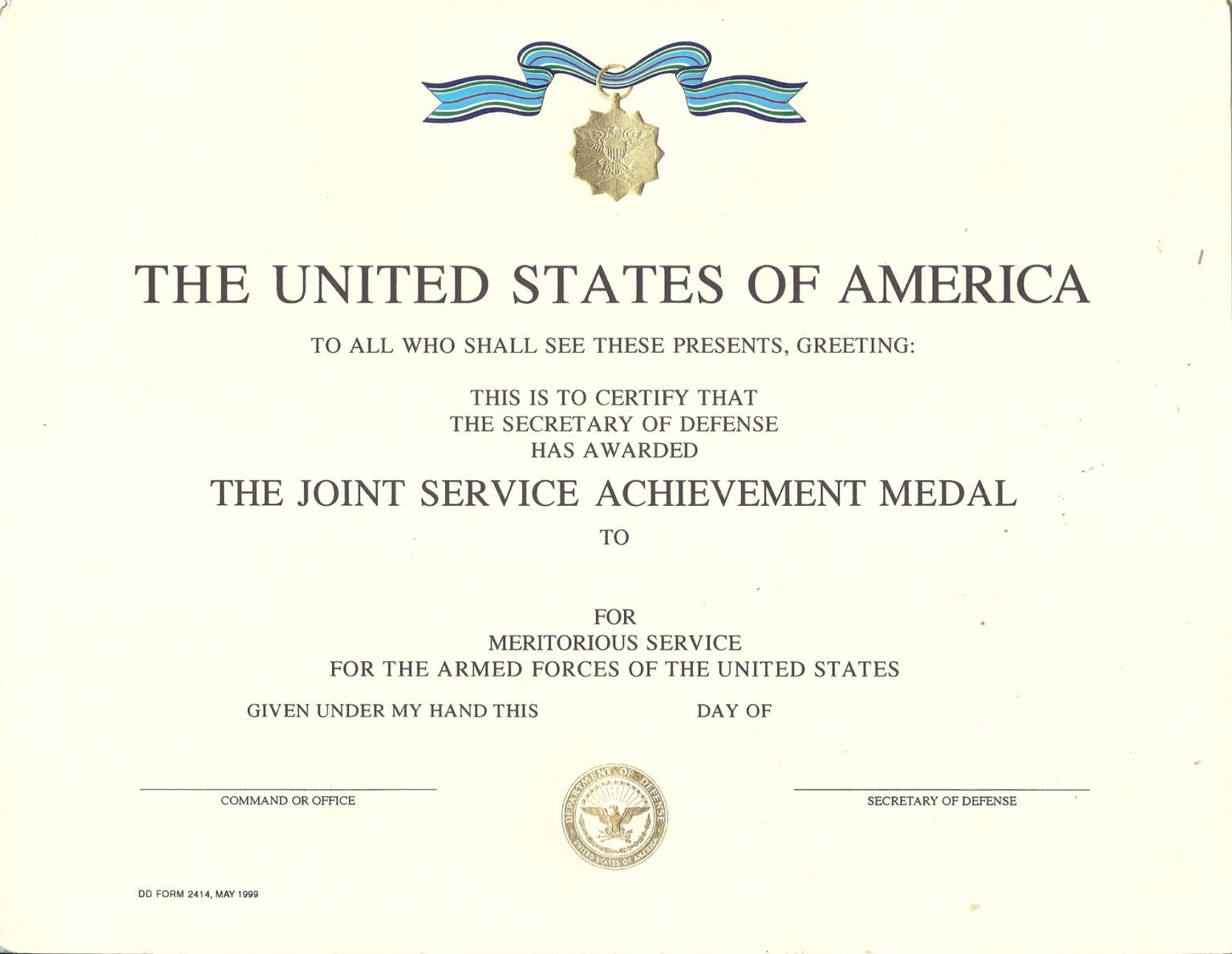 Free Genuine Joint Service Achievement Award Medal Certificate Army ...