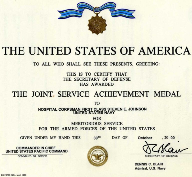 Editable Military Outstanding Volunteer Service Medal Certificate ...